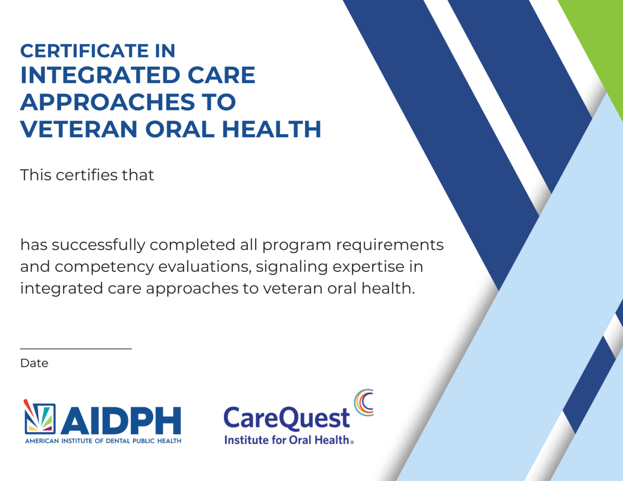 Veteran Oral Health Certificate | AIDPH - The American Institute of ...